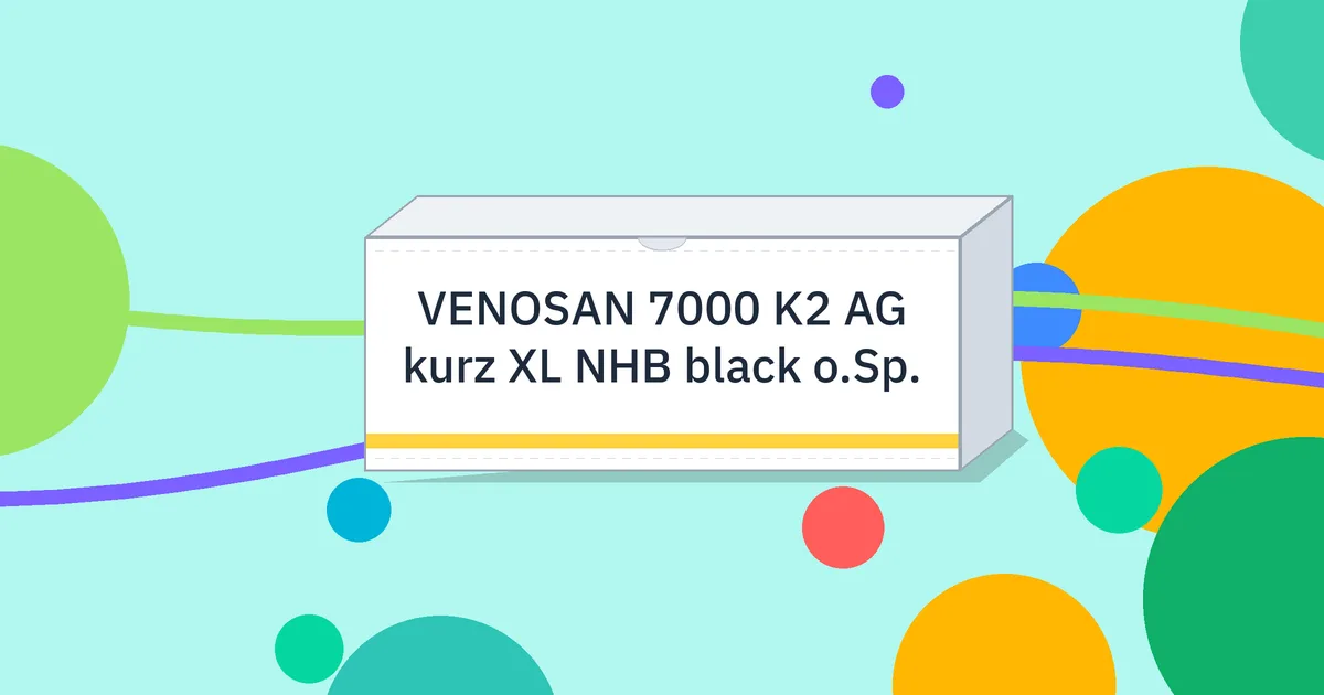 Symbolbild: Packung mit der Aufschrift VENOSAN 7000 K2 AG kurz XL NHB black o.Sp. (PZN 14436014) – Verfügbarkeit und Bezug in Apotheken in Frankfurt am Main