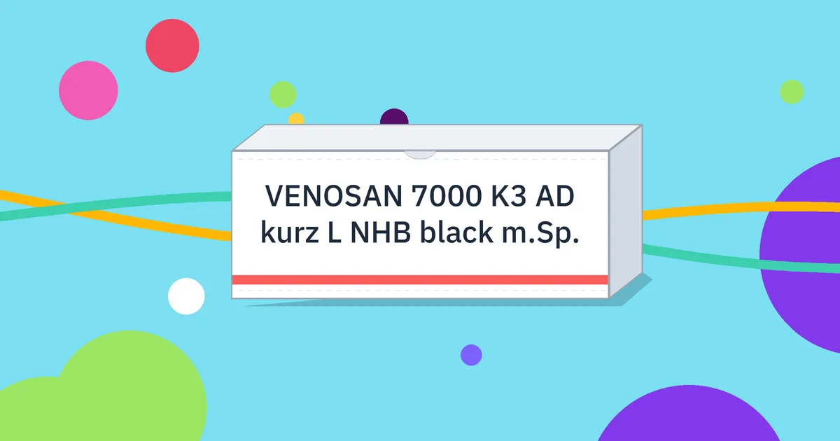 Symbolbild: Packung mit der Aufschrift VENOSAN 7000 K3 AD kurz L NHB black m.Sp. (PZN 14436445) – Verfügbarkeit und Bezug in Apotheken in Frankfurt am Main