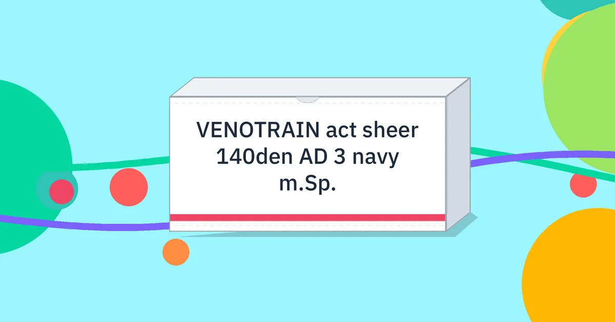 Symbolbild: Packung mit der Aufschrift VENOTRAIN act sheer 140den AD 3 navy m.Sp. (PZN 16209127) – Verfügbarkeit und Bezug in Apotheken in Frankfurt am Main