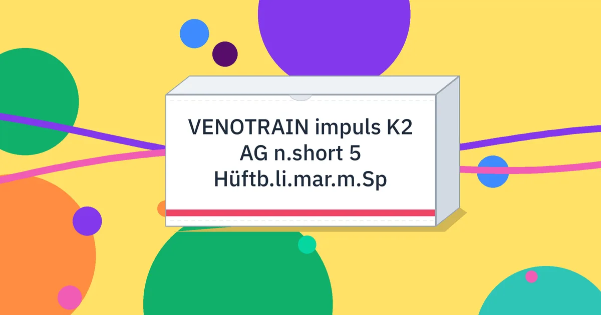 Symbolbild: Packung mit der Aufschrift VENOTRAIN impuls K2 AG n.short 5 Hüftb.li.mar.m.Sp (PZN 15218779) – Verfügbarkeit und Bezug in Apotheken in Frankfurt am Main