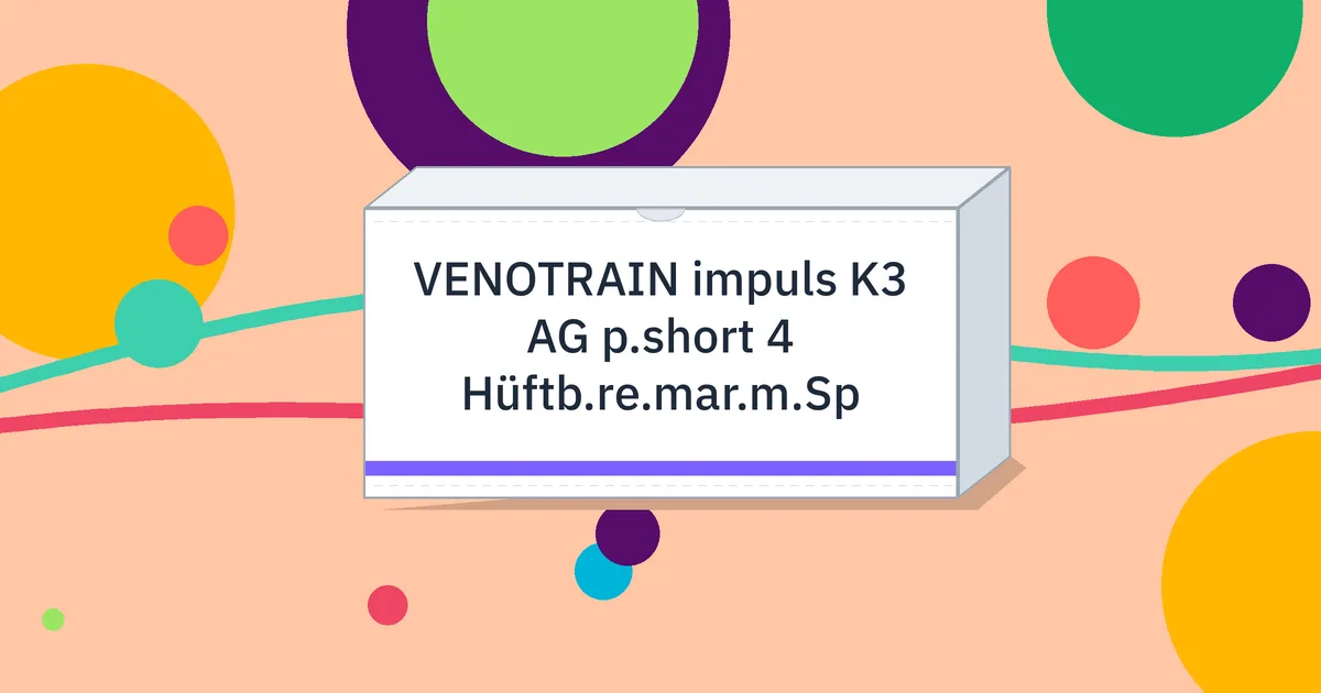 Symbolbild: Packung mit der Aufschrift VENOTRAIN impuls K3 AG p.short 4 Hüftb.re.mar.m.Sp (PZN 15217716) – Verfügbarkeit und Bezug in Apotheken in Frankfurt am Main