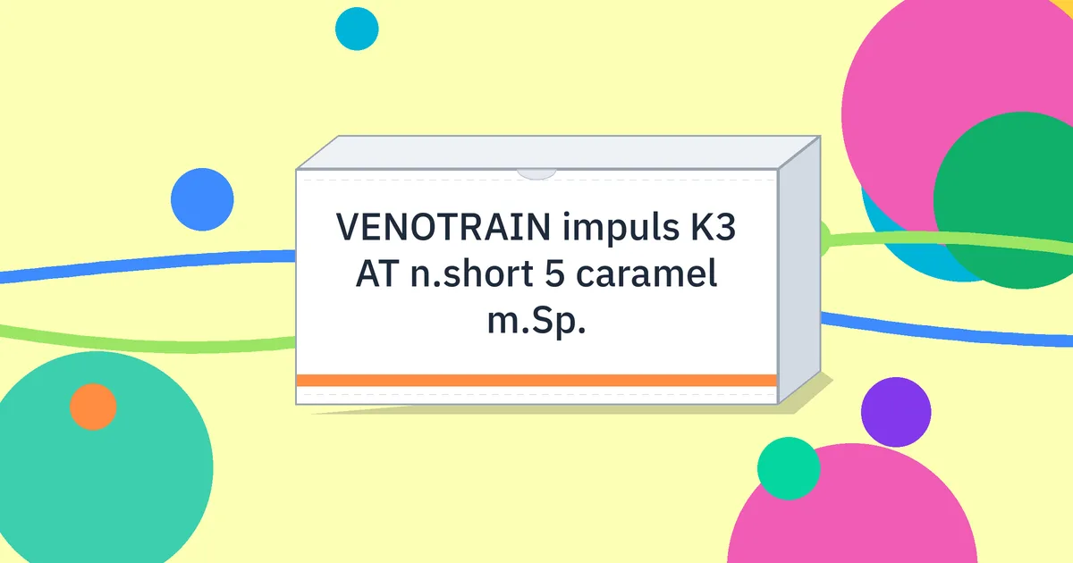 Symbolbild: Packung mit der Aufschrift VENOTRAIN impuls K3 AT n.short 5 caramel m.Sp. (PZN 19354918) – Verfügbarkeit und Bezug in Apotheken in Frankfurt am Main