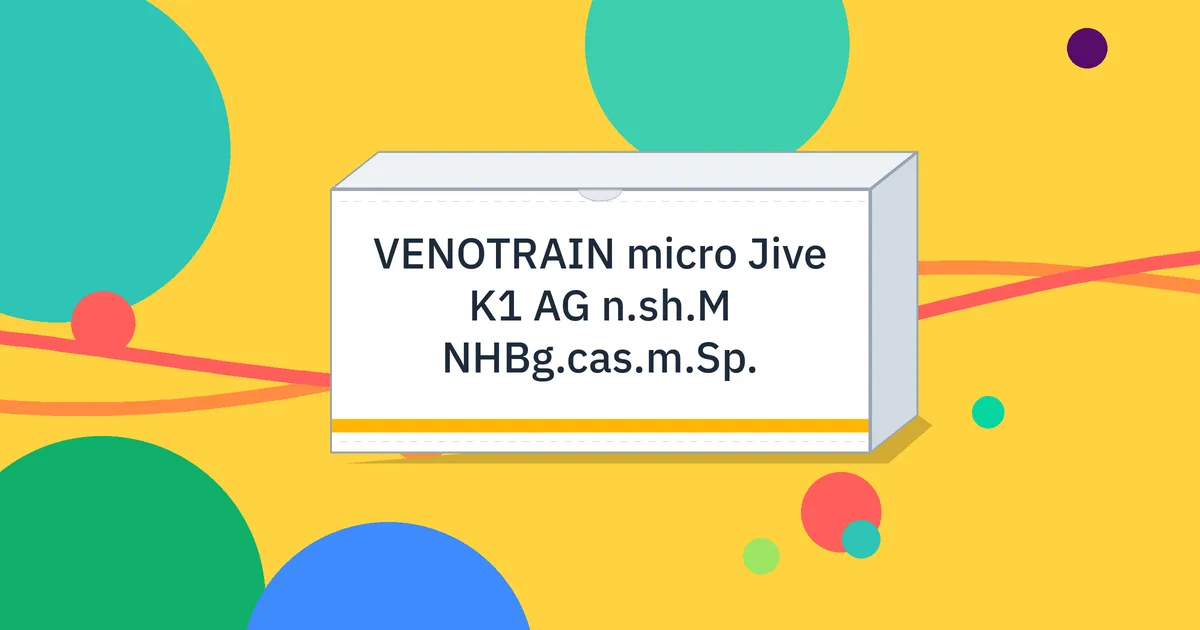 Symbolbild: Packung mit der Aufschrift VENOTRAIN micro Jive K1 AG n.sh.M NHBg.cas.m.Sp. (PZN 20766655) – Verfügbarkeit und Bezug in Apotheken in Frankfurt am Main