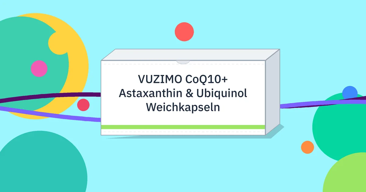Symbolbild: Packung mit der Aufschrift VUZIMO CoQ10+ Astaxanthin & Ubiquinol Weichkapseln (PZN 20918881) – Verfügbarkeit und Bezug in Apotheken in Frankfurt am Main