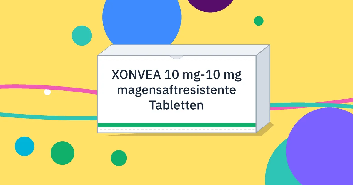 Symbolbild: Packung mit der Aufschrift XONVEA 10 mg-10 mg magensaftresistente Tabletten (PZN 20061328) – Verfügbarkeit und Bezug in Apotheken in Frankfurt am Main
