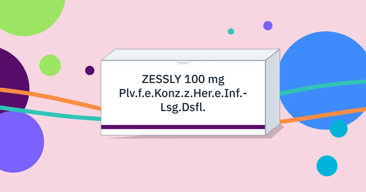 Symbolbild: Packung mit der Aufschrift ZESSLY 100 mg Plv.f.e.Konz.z.Her.e.Inf.-Lsg.Dsfl. (PZN 20020045) – Verfügbarkeit und Bezug in Apotheken in Frankfurt am Main