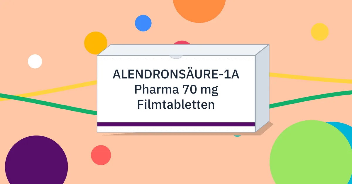 Symbolbild: Packung mit der Aufschrift ALENDRONSÄURE-1A Pharma 70 mg Filmtabletten (PZN 09012683) – Verfügbarkeit und Bezug in Apotheken in Frankfurt am Main