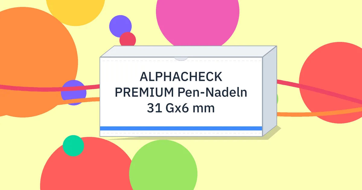 Symbolbild: Packung mit der Aufschrift ALPHACHECK PREMIUM Pen-Nadeln 31 Gx6 mm (PZN 19452696) – Verfügbarkeit und Bezug in Apotheken in Frankfurt am Main