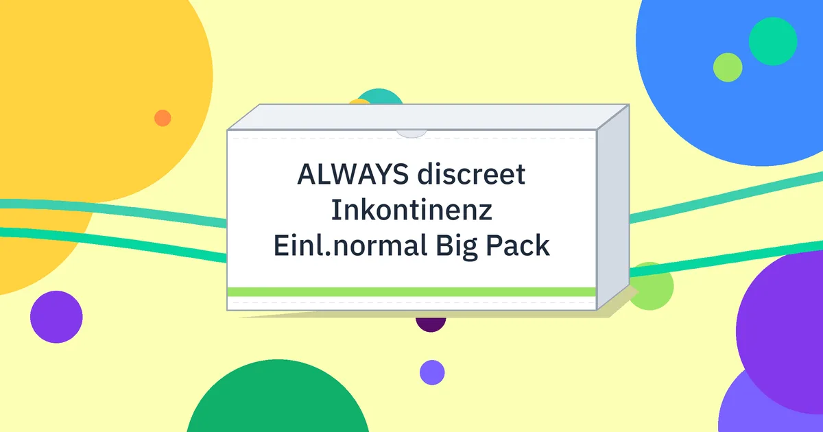 Symbolbild: Packung mit der Aufschrift ALWAYS discreet Inkontinenz Einl.normal Big Pack (PZN 17422716) – Verfügbarkeit und Bezug in Apotheken in Frankfurt am Main
