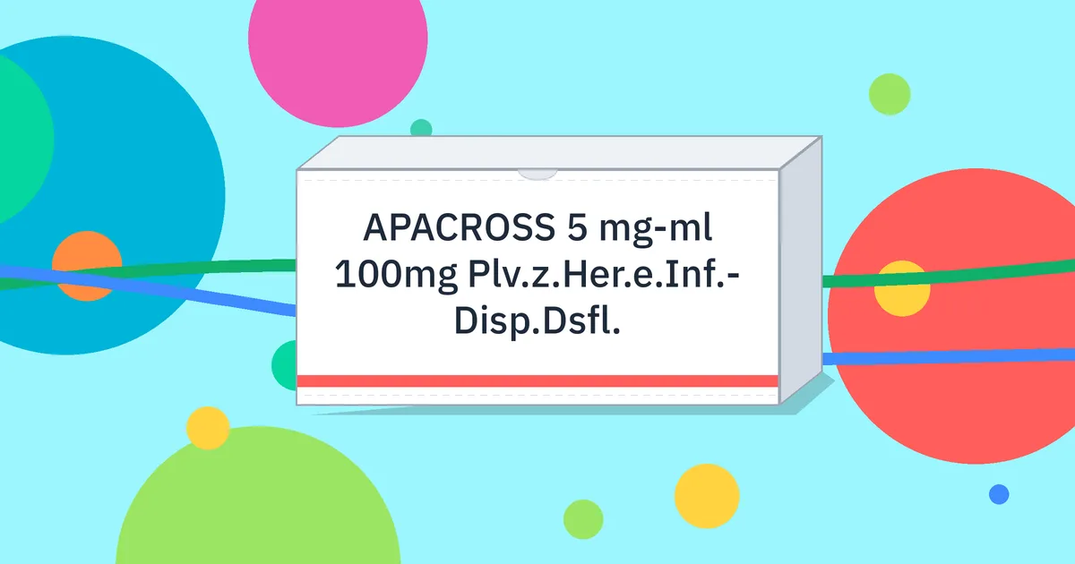 Symbolbild: Packung mit der Aufschrift APACROSS 5 mg-ml 100mg Plv.z.Her.e.Inf.-Disp.Dsfl. (PZN 20811321) – Verfügbarkeit und Bezug in Apotheken in Frankfurt am Main