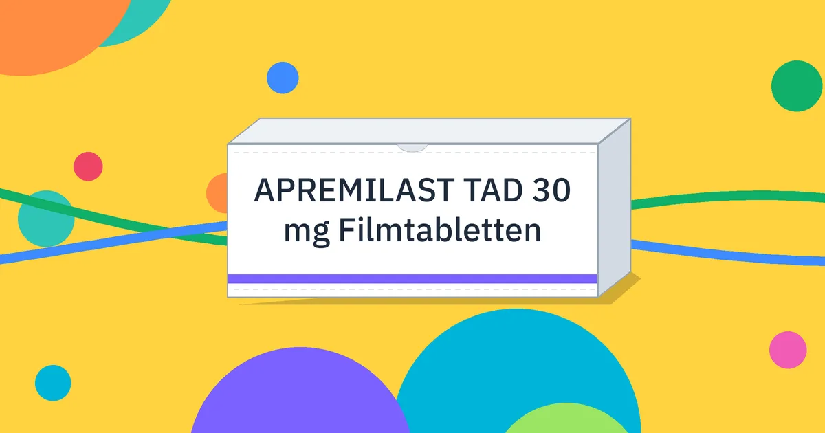 Symbolbild: Packung mit der Aufschrift APREMILAST TAD 30 mg Filmtabletten (PZN 20197677) – Verfügbarkeit und Bezug in Apotheken in Frankfurt am Main