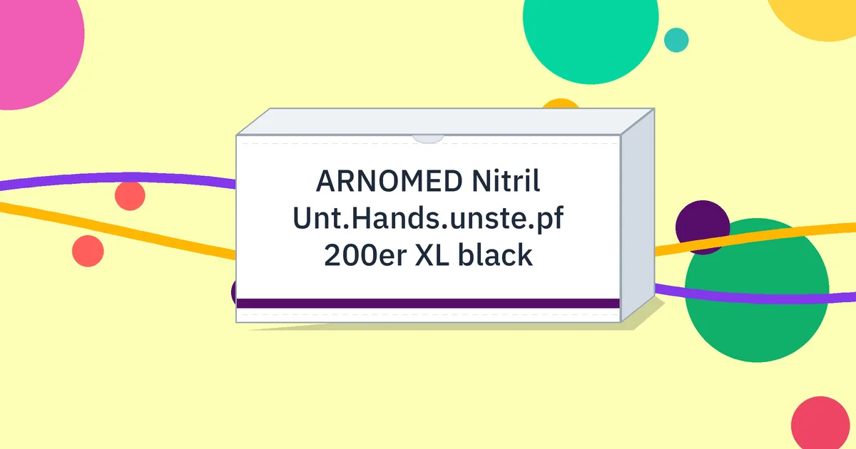 Symbolbild: Packung mit der Aufschrift ARNOMED Nitril Unt.Hands.unste.pf 200er XL black (PZN 18253486) – Verfügbarkeit und Bezug in Apotheken in Frankfurt am Main