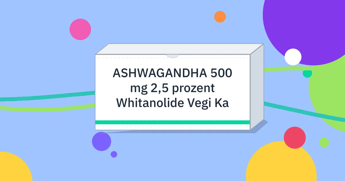 Symbolbild: Packung mit der Aufschrift ASHWAGANDHA 500 mg 2,5 prozent Whitanolide Vegi Ka (PZN 19421595) – Verfügbarkeit und Bezug in Apotheken in Frankfurt am Main