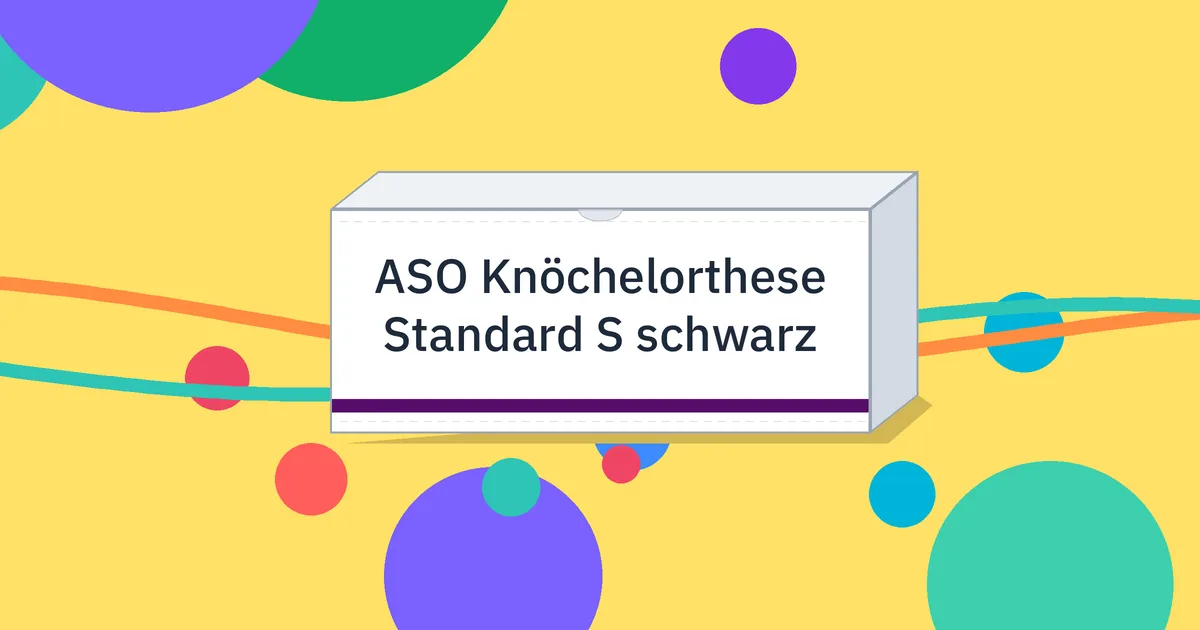 Symbolbild: Packung mit der Aufschrift ASO Knöchelorthese Standard S schwarz (PZN 03106779) – Verfügbarkeit und Bezug in Apotheken in Frankfurt am Main