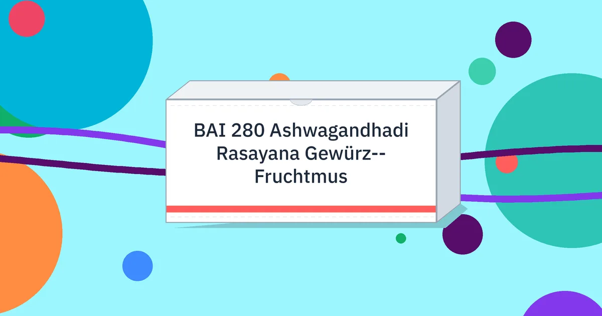 Symbolbild: Packung mit der Aufschrift BAI 280 Ashwagandhadi Rasayana Gewürz--Fruchtmus (PZN 00150389) – Verfügbarkeit und Bezug in Apotheken in Frankfurt am Main