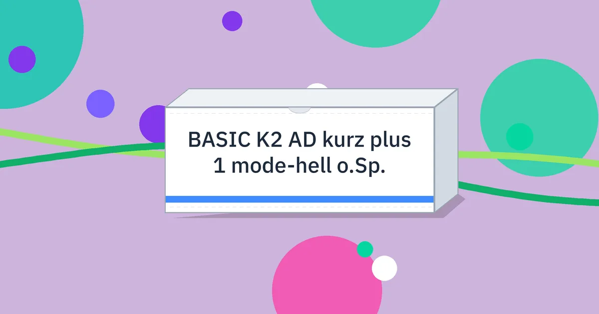 Symbolbild: Packung mit der Aufschrift BASIC K2 AD kurz plus 1 mode-hell o.Sp. (PZN 20263635) – Verfügbarkeit und Bezug in Apotheken in Frankfurt am Main