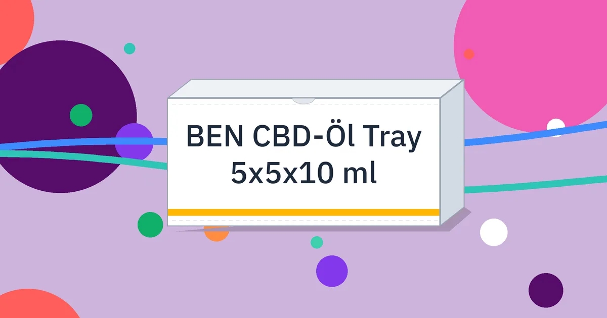 Symbolbild: Packung mit der Aufschrift BEN CBD-Öl Tray 5x5x10 ml (PZN 19269785) – Verfügbarkeit und Bezug in Apotheken in Frankfurt am Main