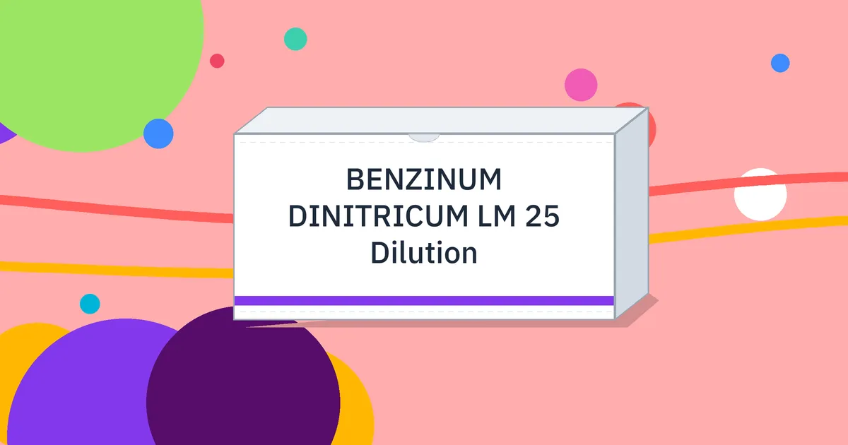 Symbolbild: Packung mit der Aufschrift BENZINUM DINITRICUM LM 25 Dilution (PZN 13382517) – Verfügbarkeit und Bezug in Apotheken in Frankfurt am Main