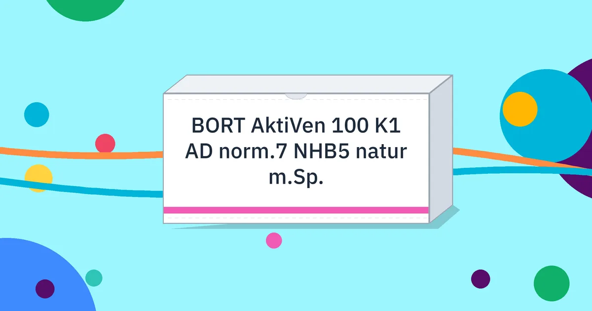 Symbolbild: Packung mit der Aufschrift BORT AktiVen 100 K1 AD norm.7 NHB5 natur m.Sp. (PZN 17493685) – Verfügbarkeit und Bezug in Apotheken in Frankfurt am Main