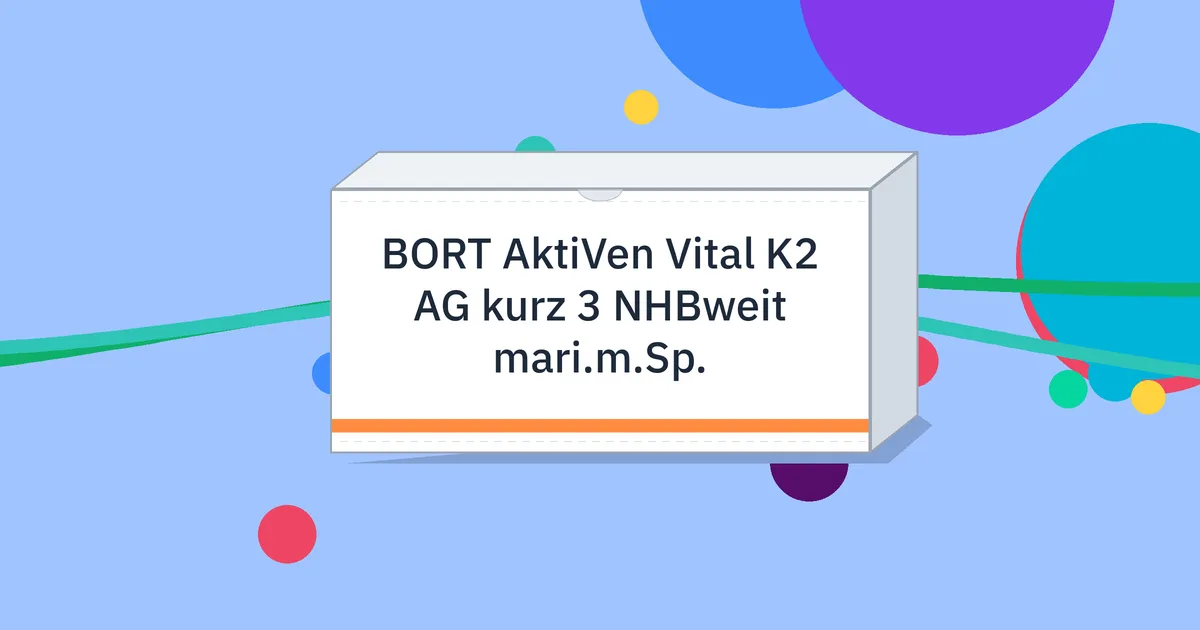 Symbolbild: Packung mit der Aufschrift BORT AktiVen Vital K2 AG kurz 3 NHBweit mari.m.Sp. (PZN 13733371) – Verfügbarkeit und Bezug in Apotheken in Frankfurt am Main
