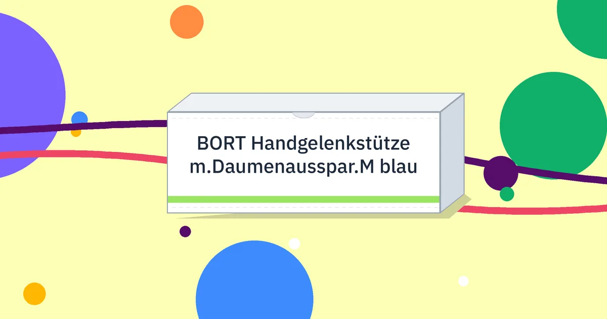Symbolbild: Packung mit der Aufschrift BORT Handgelenkstütze m.Daumenausspar.M blau (PZN 04547149) – Verfügbarkeit und Bezug in Apotheken in Frankfurt am Main