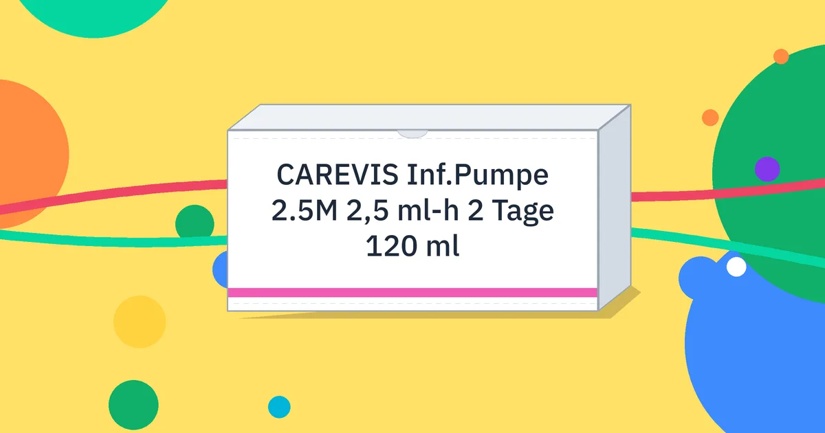 Symbolbild: Packung mit der Aufschrift CAREVIS Inf.Pumpe 2.5M 2,5 ml-h 2 Tage 120 ml (PZN 08431047) – Verfügbarkeit und Bezug in Apotheken in Frankfurt am Main