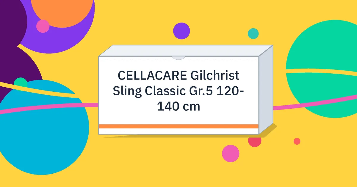 Symbolbild: Packung mit der Aufschrift CELLACARE Gilchrist Sling Classic Gr.5 120-140 cm (PZN 20549892) – Verfügbarkeit und Bezug in Apotheken in Frankfurt am Main