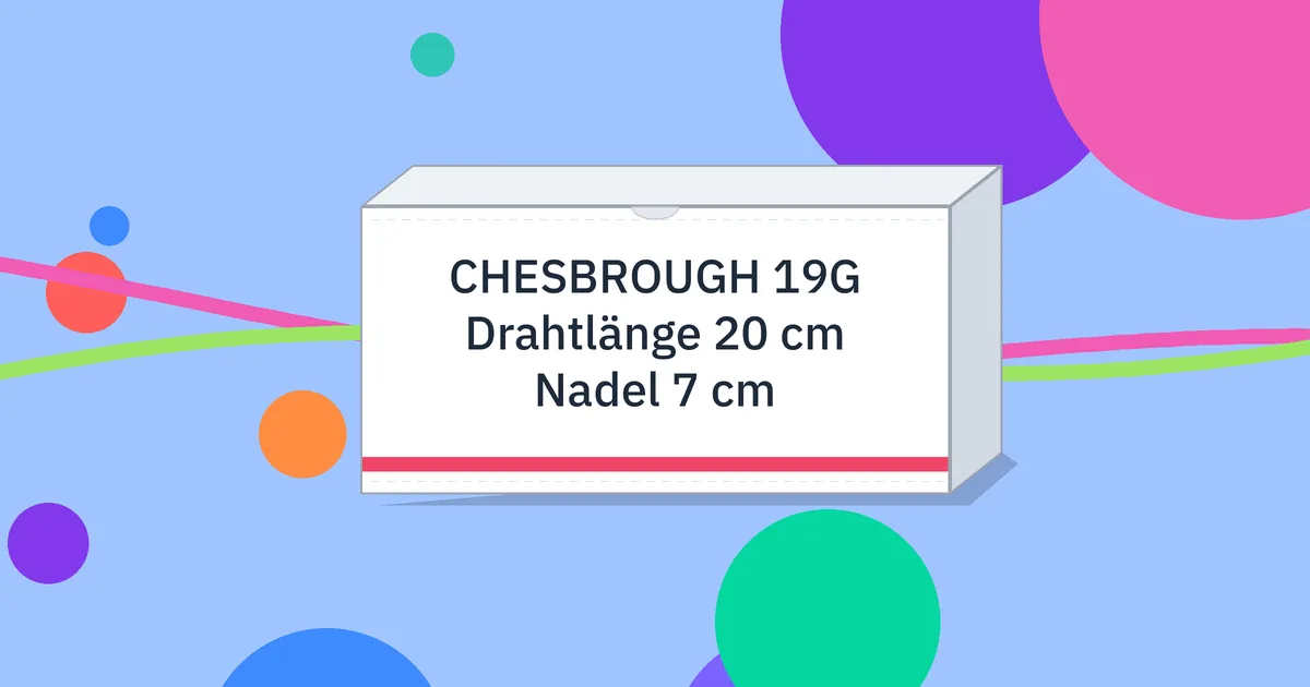 Symbolbild: Packung mit der Aufschrift CHESBROUGH 19G Drahtlänge 20 cm Nadel 7 cm (PZN 03566311) – Verfügbarkeit und Bezug in Apotheken in Frankfurt am Main
