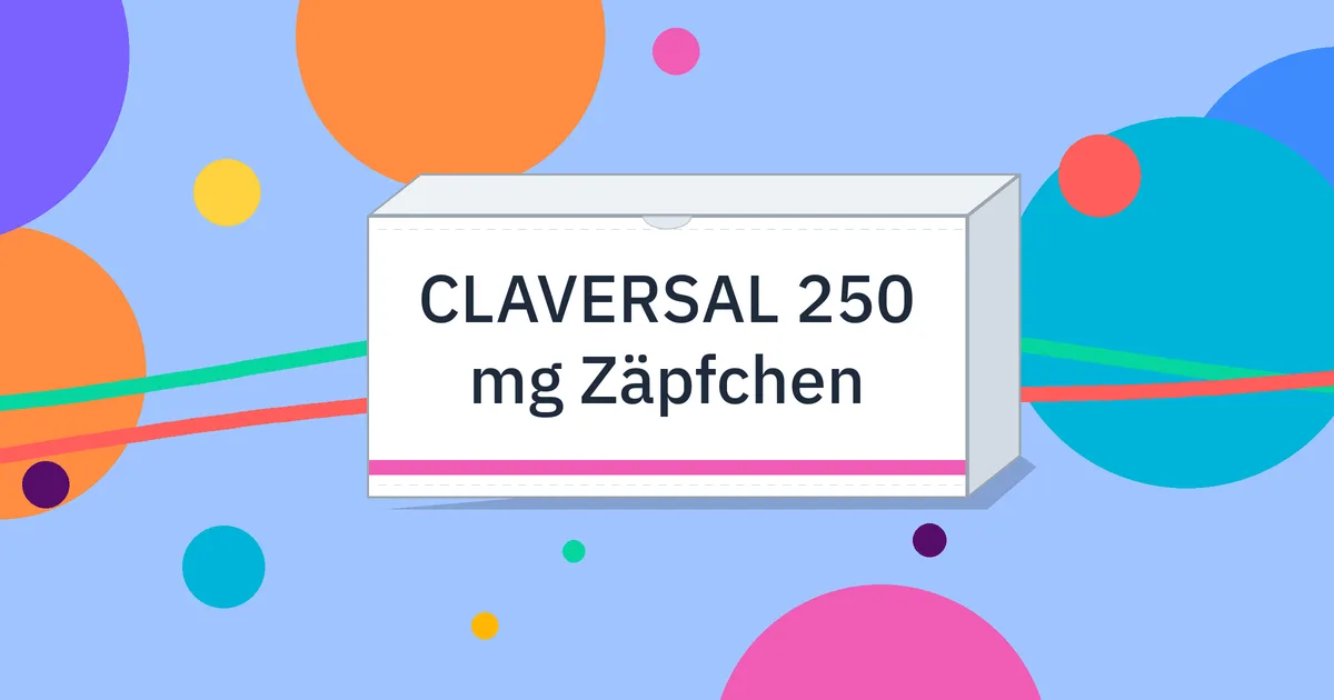 Symbolbild: Packung mit der Aufschrift CLAVERSAL 250 mg Zäpfchen (PZN 07342198) – Verfügbarkeit und Bezug in Apotheken in Frankfurt am Main