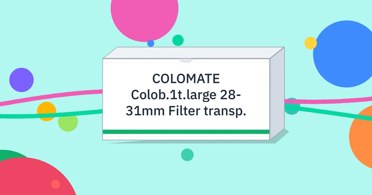 Symbolbild: Packung mit der Aufschrift COLOMATE Colob.1t.large 28-31mm Filter transp. (PZN 03740217) – Verfügbarkeit und Bezug in Apotheken in Frankfurt am Main