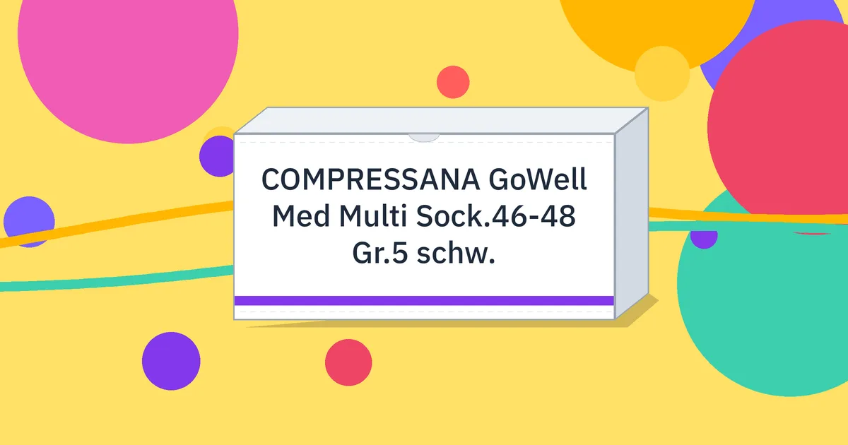 Symbolbild: Packung mit der Aufschrift COMPRESSANA GoWell Med Multi Sock.46-48 Gr.5 schw. (PZN 03116482) – Verfügbarkeit und Bezug in Apotheken in Frankfurt am Main