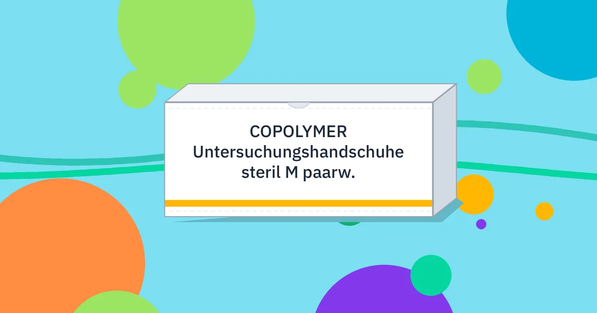 Symbolbild: Packung mit der Aufschrift COPOLYMER Untersuchungshandschuhe steril M paarw. (PZN 20361148) – Verfügbarkeit und Bezug in Apotheken in Frankfurt am Main
