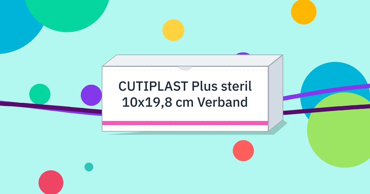Symbolbild: Packung mit der Aufschrift CUTIPLAST Plus steril 10x19,8 cm Verband (PZN 19785133) – Verfügbarkeit und Bezug in Apotheken in Frankfurt am Main