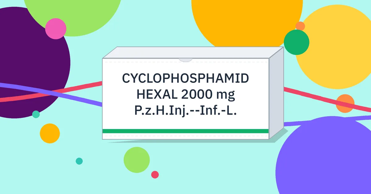 Symbolbild: Packung mit der Aufschrift CYCLOPHOSPHAMID HEXAL 2000 mg P.z.H.Inj.--Inf.-L. (PZN 10550575) – Verfügbarkeit und Bezug in Apotheken in Frankfurt am Main