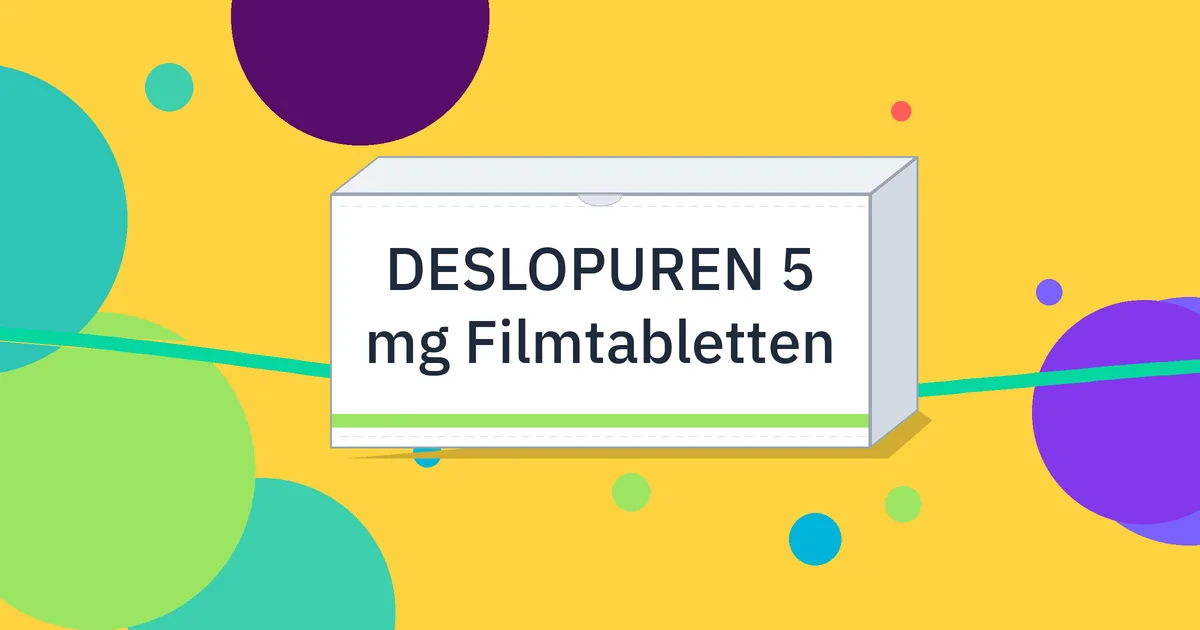 Symbolbild: Packung mit der Aufschrift DESLOPUREN 5 mg Filmtabletten (PZN 16861744) – Verfügbarkeit und Bezug in Apotheken in Frankfurt am Main
