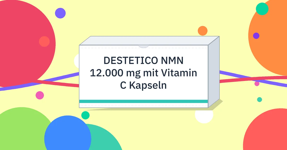 Symbolbild: Packung mit der Aufschrift DESTETICO NMN 12.000 mg mit Vitamin C Kapseln (PZN 18165204) – Verfügbarkeit und Bezug in Apotheken in Frankfurt am Main