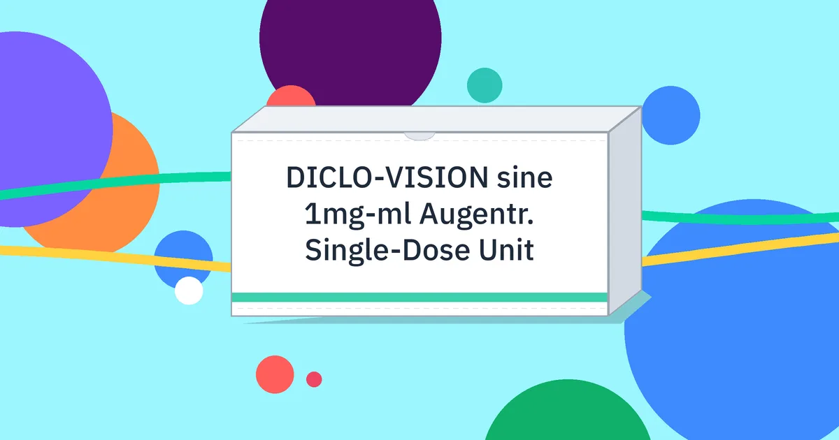 Symbolbild: Packung mit der Aufschrift DICLO-VISION sine 1mg-ml Augentr. Single-Dose Unit (PZN 09777397) – Verfügbarkeit und Bezug in Apotheken in Frankfurt am Main