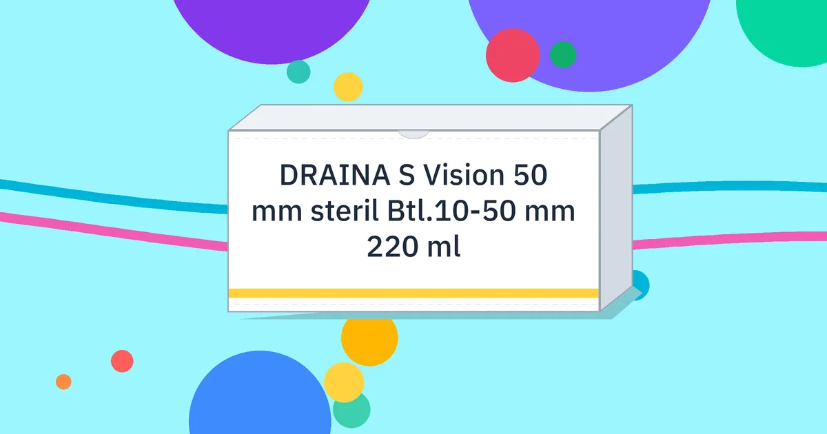 Symbolbild: Packung mit der Aufschrift DRAINA S Vision 50 mm steril Btl.10-50 mm 220 ml (PZN 04398324) – Verfügbarkeit und Bezug in Apotheken in Frankfurt am Main