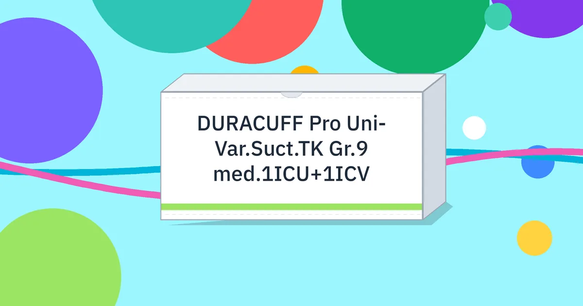 Symbolbild: Packung mit der Aufschrift DURACUFF Pro Uni-Var.Suct.TK Gr.9 med.1ICU+1ICV (PZN 19245253) – Verfügbarkeit und Bezug in Apotheken in Frankfurt am Main