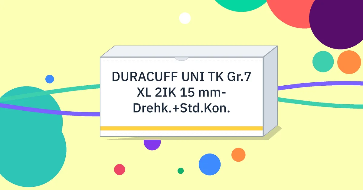 Symbolbild: Packung mit der Aufschrift DURACUFF UNI TK Gr.7 XL 2IK 15 mm-Drehk.+Std.Kon. (PZN 04963385) – Verfügbarkeit und Bezug in Apotheken in Frankfurt am Main