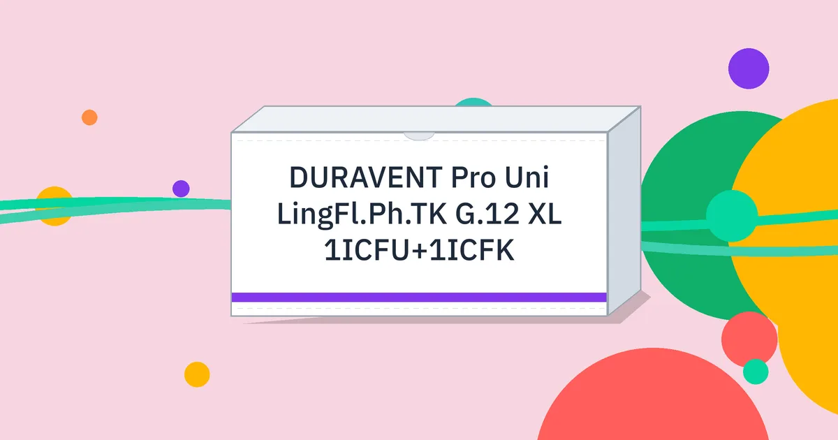 Symbolbild: Packung mit der Aufschrift DURAVENT Pro Uni LingFl.Ph.TK G.12 XL 1ICFU+1ICFK (PZN 19273166) – Verfügbarkeit und Bezug in Apotheken in Frankfurt am Main