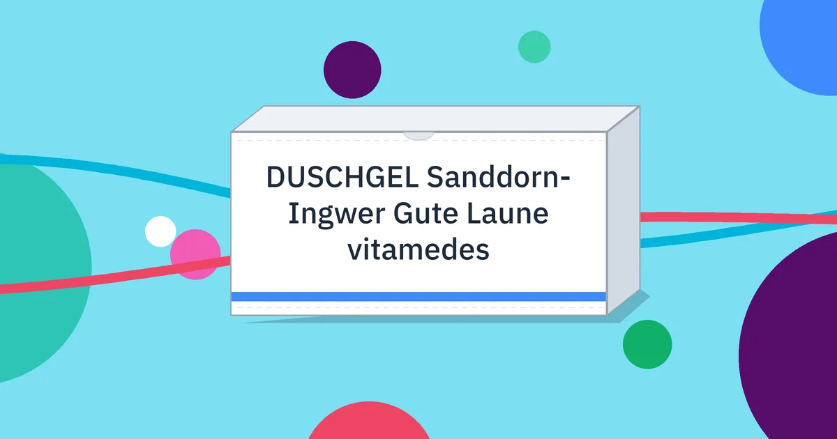 Symbolbild: Packung mit der Aufschrift DUSCHGEL Sanddorn-Ingwer Gute Laune vitamedes (PZN 19998679) – Verfügbarkeit und Bezug in Apotheken in Frankfurt am Main