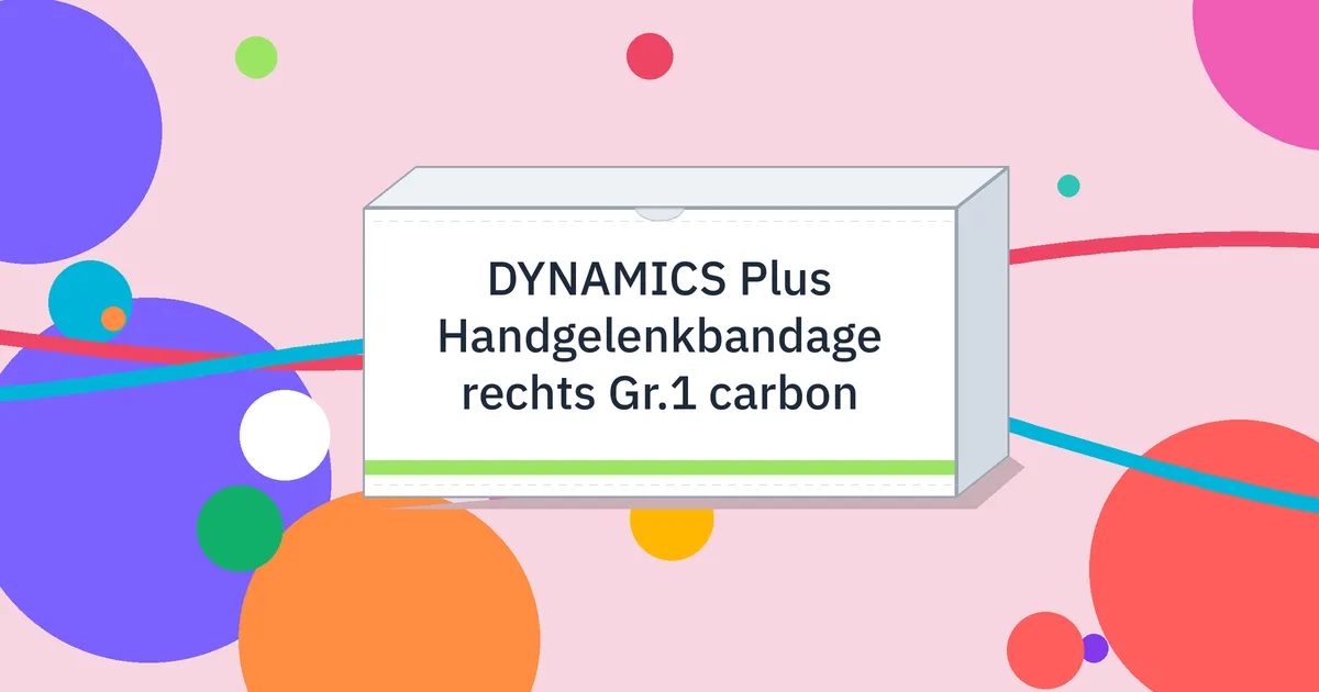 Symbolbild: Packung mit der Aufschrift DYNAMICS Plus Handgelenkbandage rechts Gr.1 carbon (PZN 10634846) – Verfügbarkeit und Bezug in Apotheken in Frankfurt am Main