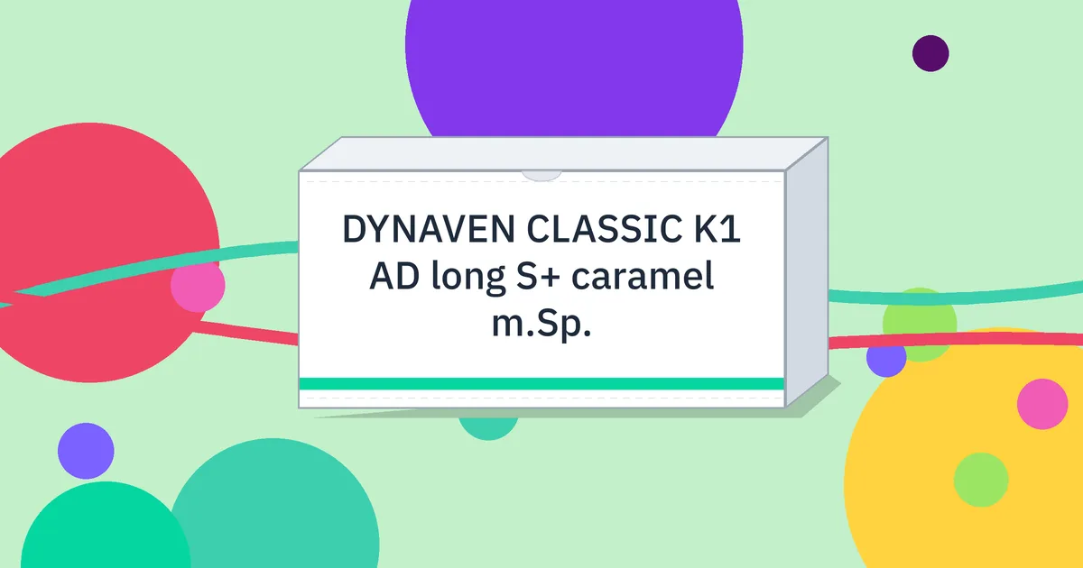 Symbolbild: Packung mit der Aufschrift DYNAVEN CLASSIC K1 AD long S+ caramel m.Sp. (PZN 18414937) – Verfügbarkeit und Bezug in Apotheken in Frankfurt am Main