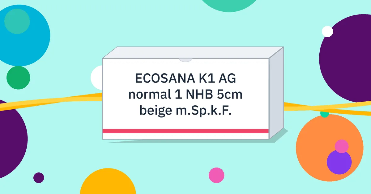Symbolbild: Packung mit der Aufschrift ECOSANA K1 AG normal 1 NHB 5cm beige m.Sp.k.F. (PZN 04725869) – Verfügbarkeit und Bezug in Apotheken in Frankfurt am Main