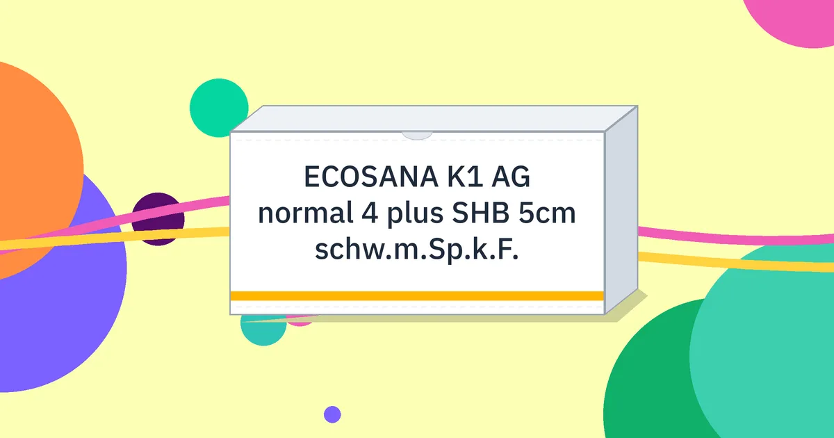 Symbolbild: Packung mit der Aufschrift ECOSANA K1 AG normal 4 plus SHB 5cm schw.m.Sp.k.F. (PZN 04728112) – Verfügbarkeit und Bezug in Apotheken in Frankfurt am Main