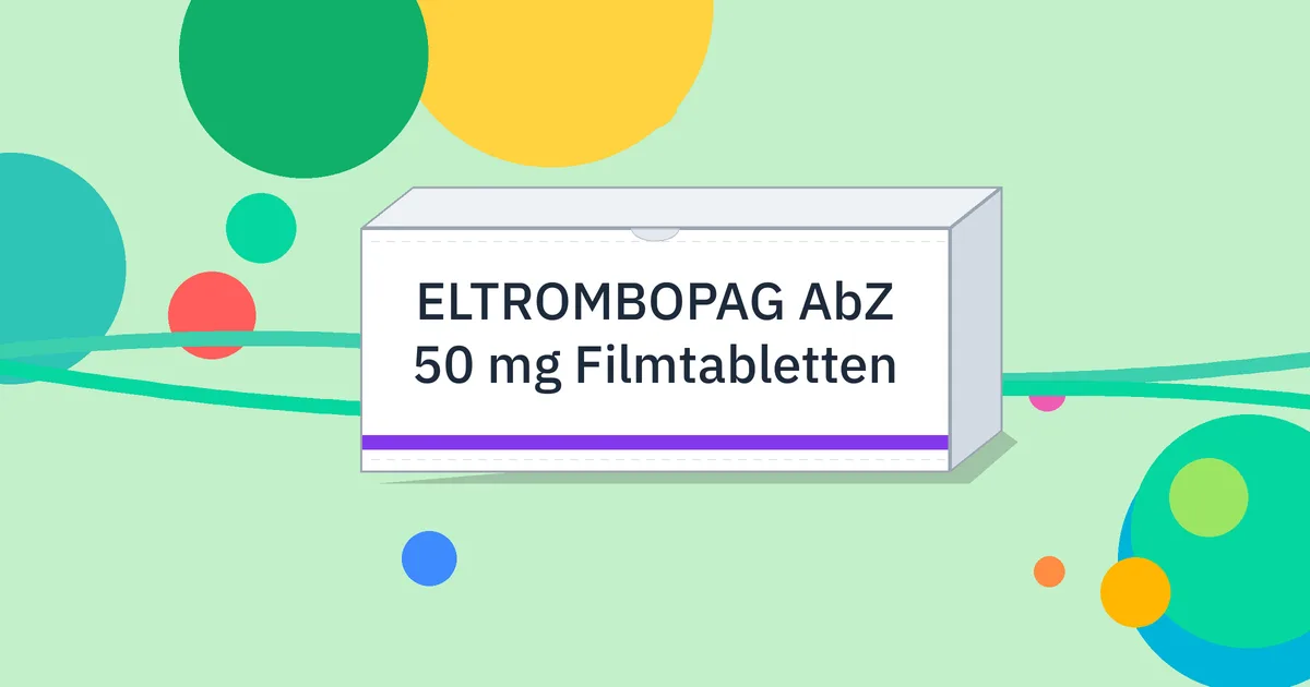 Symbolbild: Packung mit der Aufschrift ELTROMBOPAG AbZ 50 mg Filmtabletten (PZN 19806071) – Verfügbarkeit und Bezug in Apotheken in Frankfurt am Main
