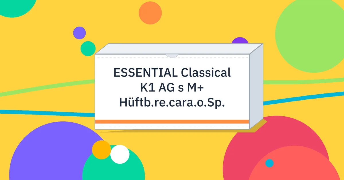 Symbolbild: Packung mit der Aufschrift ESSENTIAL Classical K1 AG s M+ Hüftb.re.cara.o.Sp. (PZN 17011769) – Verfügbarkeit und Bezug in Apotheken in Frankfurt am Main