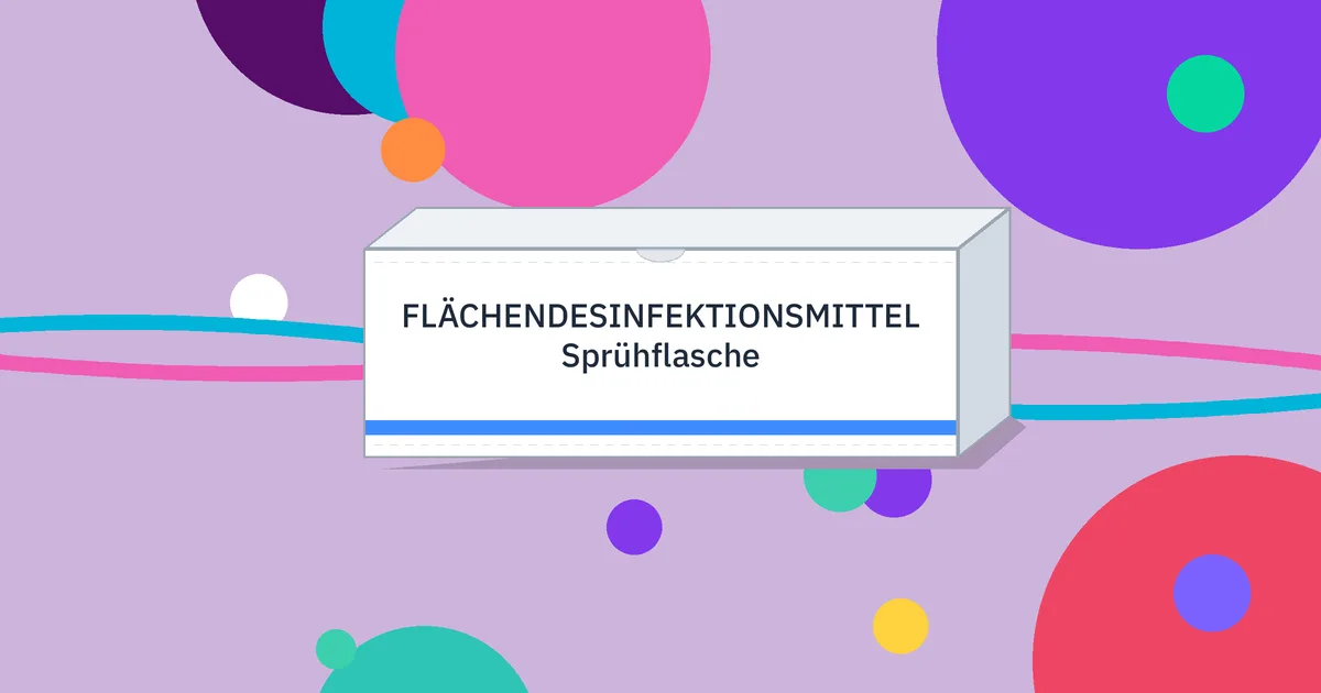 Symbolbild: Packung mit der Aufschrift FLÄCHENDESINFEKTIONSMITTEL Sprühflasche (PZN 16605478) – Verfügbarkeit und Bezug in Apotheken in Frankfurt am Main