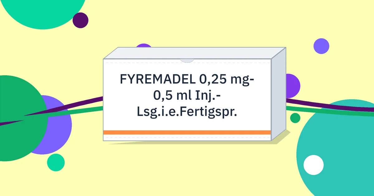 Symbolbild: Packung mit der Aufschrift FYREMADEL 0,25 mg-0,5 ml Inj.-Lsg.i.e.Fertigspr. (PZN 12352069) – Verfügbarkeit und Bezug in Apotheken in Frankfurt am Main